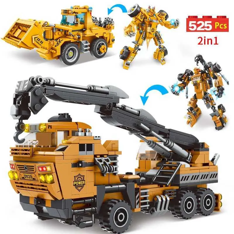 2-in-1 City Engineering Robot Building Blocks - Transforming Crane ...