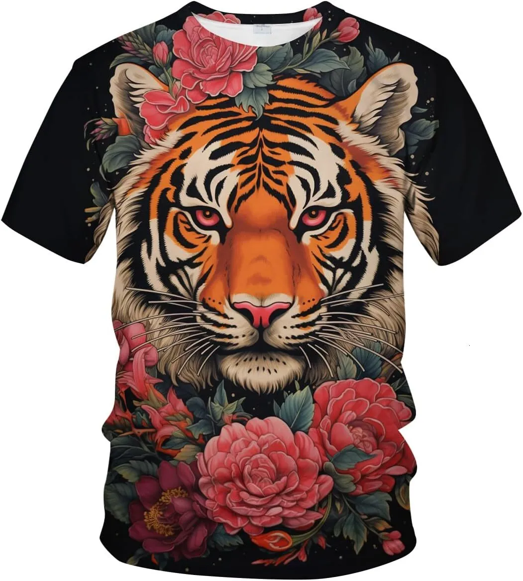 Mens Tiger Graphic Tee Short Sleeve Cotton Blend Crew Neck Casual Sport ...