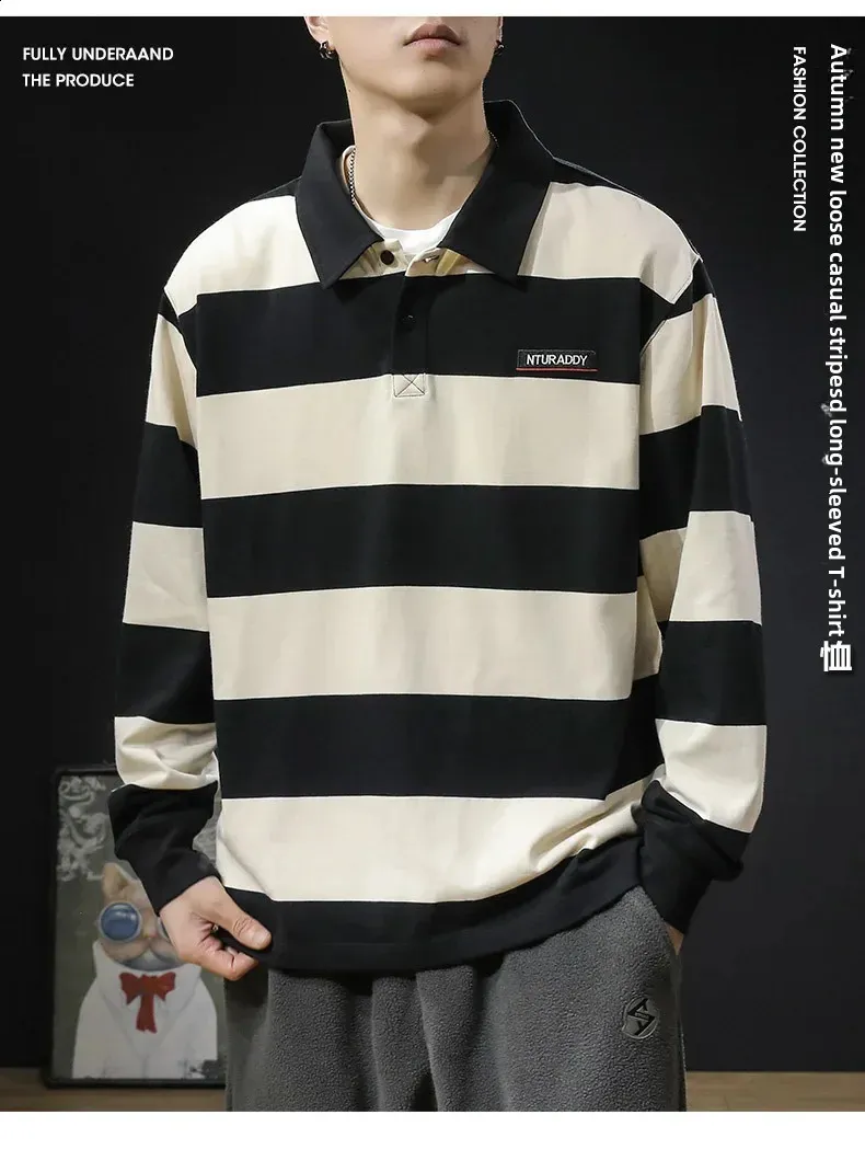 Men's Long Sleeve Striped Polo Shirt - Casual Autumn Style, Heavy Duty ...