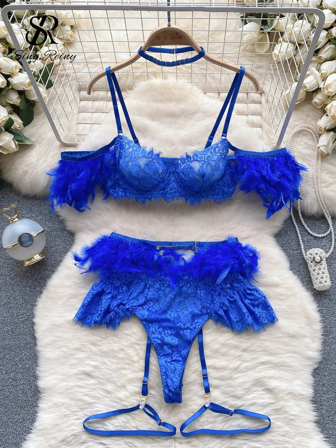 SINGREINY Sheer Erotic Feather Lingerie Set Halter Strapless Mini Br ...