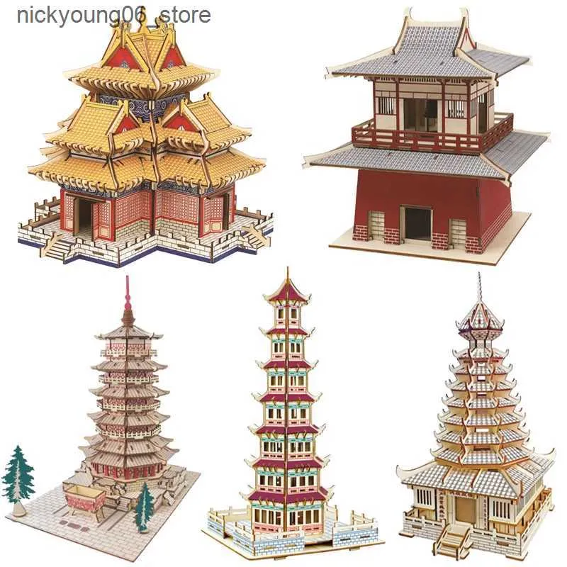 3D Puzzles 3D Wooden Pagoda Puzzle DIY Building Temple Model Wood Toy ...