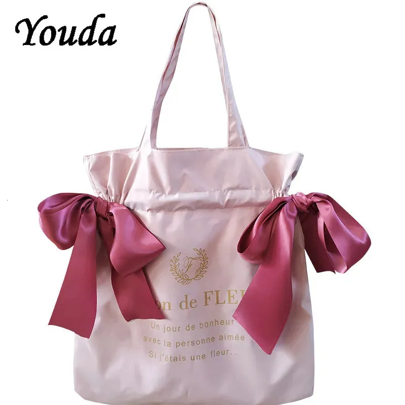 Korean Style Canvas Shoulder Bag with Bow - Large Capacity Reusable ...