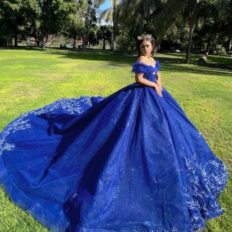 Shiny Royal Blue Off Shoulder Ball Gown Quinceanera Dark Blue Dresses ...
