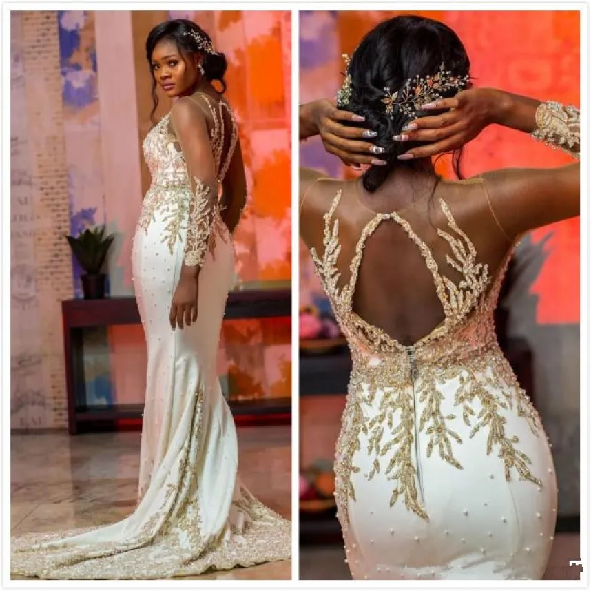 Arabic Luxury Lace Beaded Mermaid Gold Mermaid Prom Dress With Sheer Long Sleeves And Satin ...