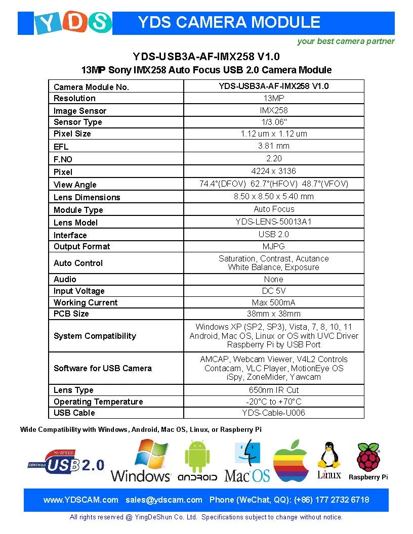 DHgate.com:13MP USB 2.0 Camera Module with IMX258 Sensor, Auto Focus, YDS-USB3A-AF-IMX258 V1.0 ...