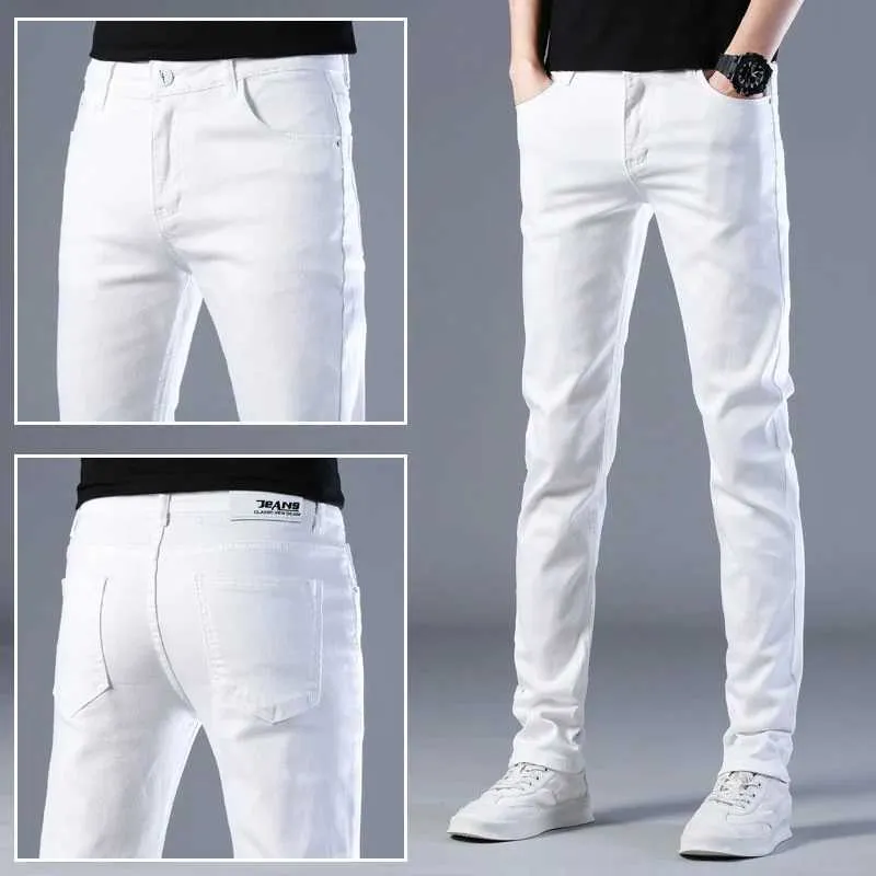 Men's White Slim Fit Denim Jeans - Elastic Waistband, Straight Leg ...