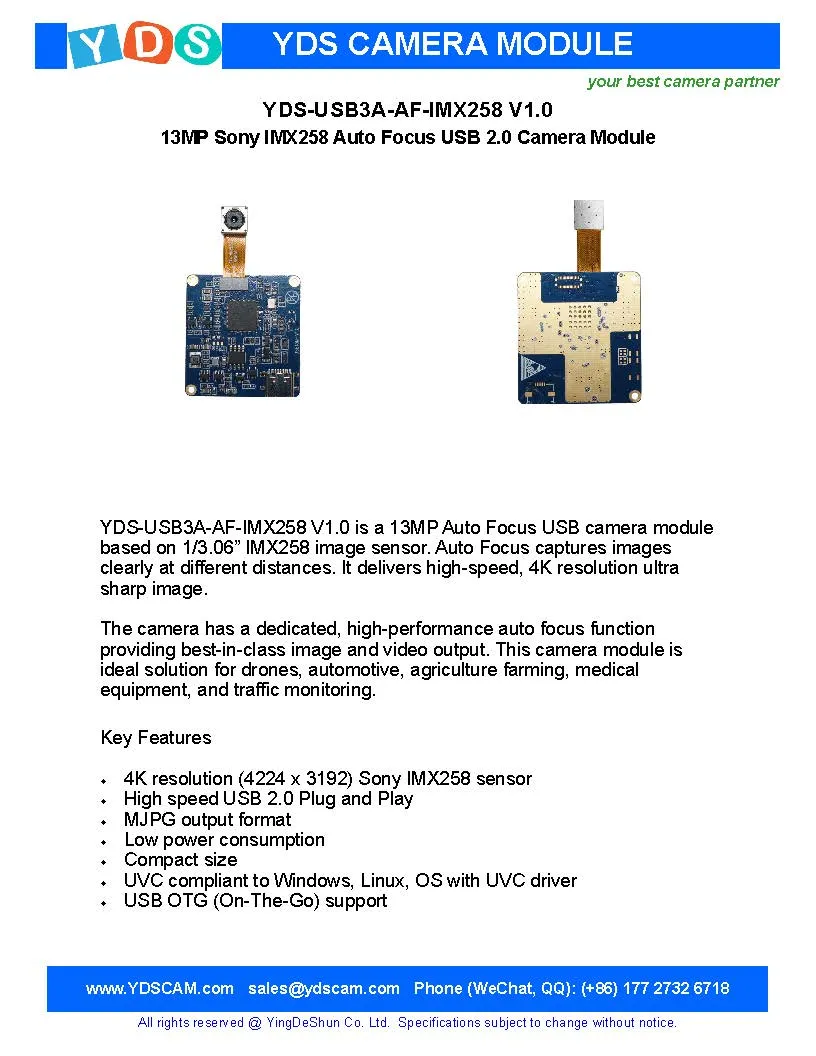 DHgate.com:13MP USB 2.0 Camera Module with IMX258 Sensor, Auto Focus, YDS-USB3A-AF-IMX258 V1.0 ...