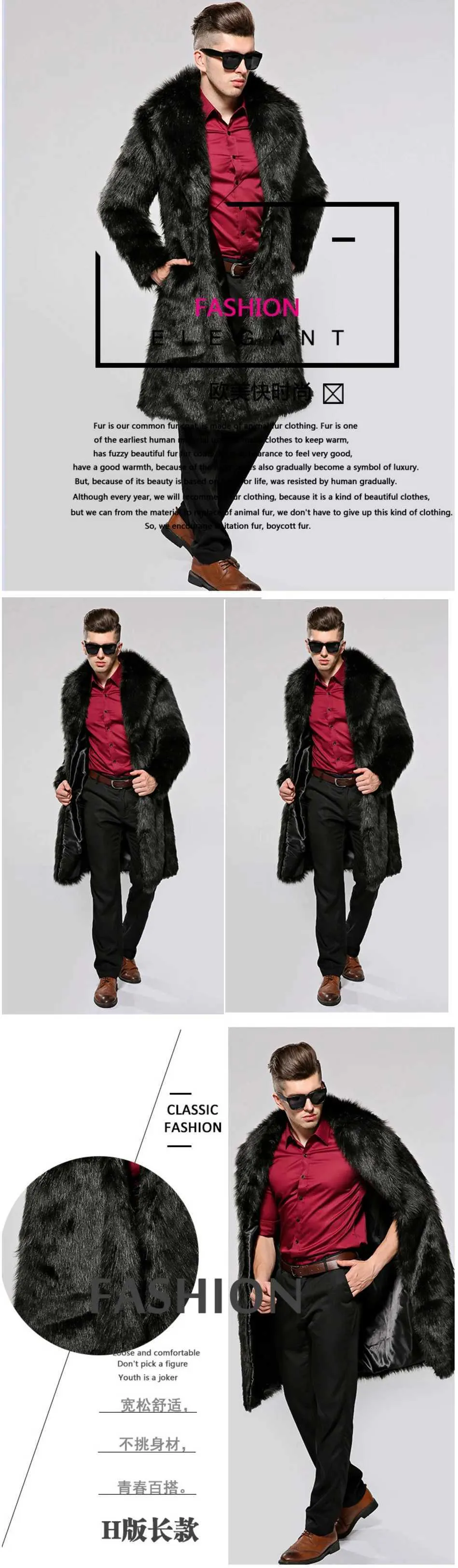 Men's Faux Fox Fur Winter Coat - Long, Warm Leather Jacket with ...