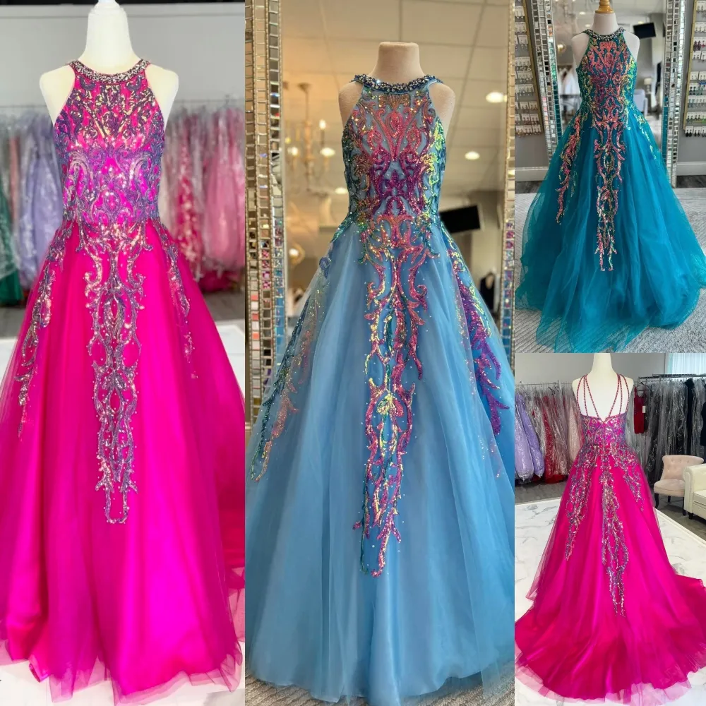Magenta Halter Neck Glitter Sequin Miss Universe Pageant Dresses For ...