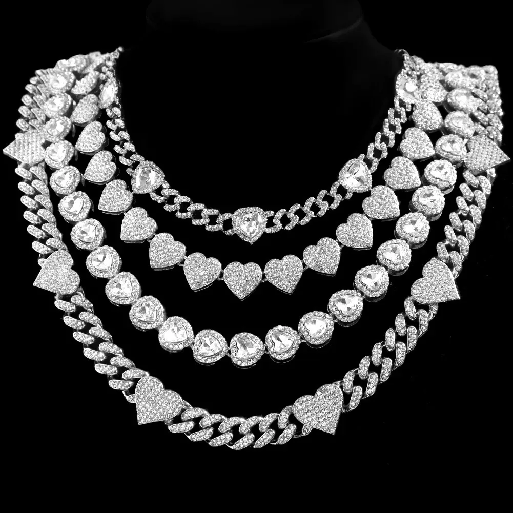 Iced Out Hip Hop Heart Cuban Link Chain Necklace Set For Women Micro ...