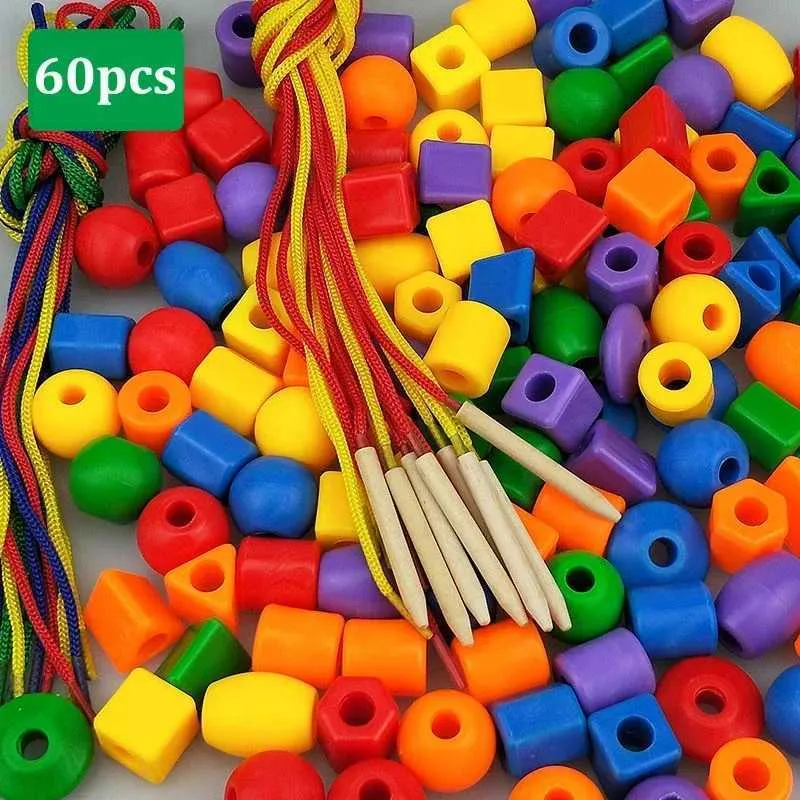 60-Piece Wooden Bead Building Blocks - Game Educational Toys for ...