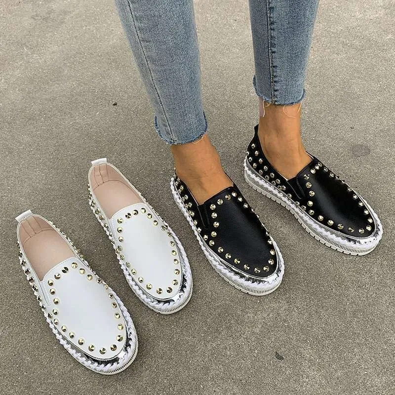 Autumn Flat Rivet Platform White Sneakers Women Slip On Casual Shoes ...