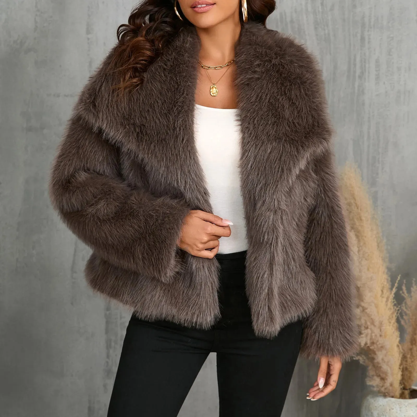 Winter Gradient Fluffy Fur Coat for Women with Large Faux Fox Fur ...