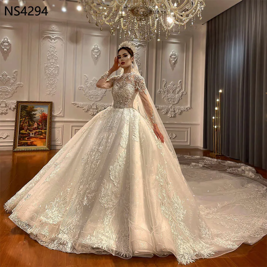 Elegant Long Train Ball Gown Wedding Dress with Sleeves - Soft Tulle ...