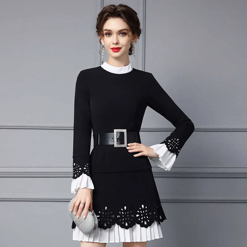 Elegant Black Long Sleeve Dress with Ruffle Hem - Fake Two Piece Design ...