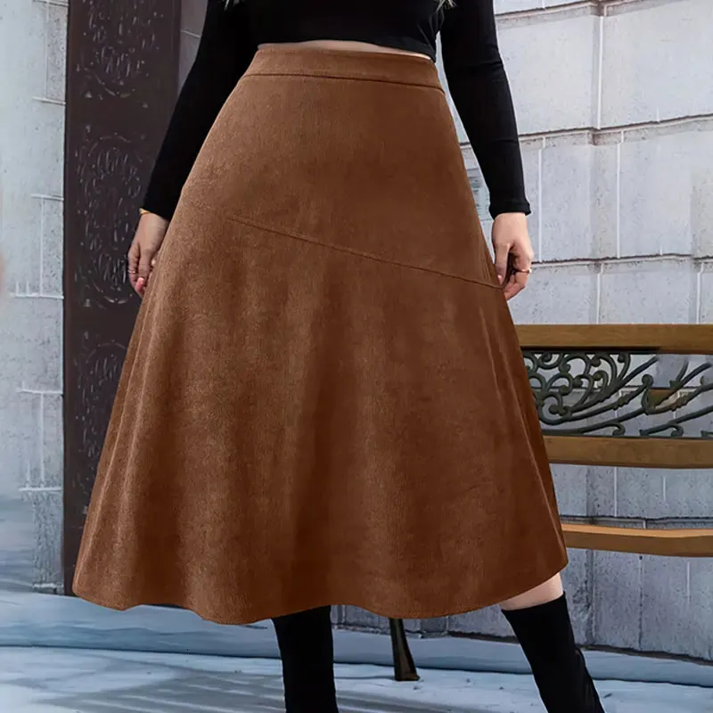 Corduroy Midi Skirt: Plus Size A-Line Retro Style, High Waist Winter ...
