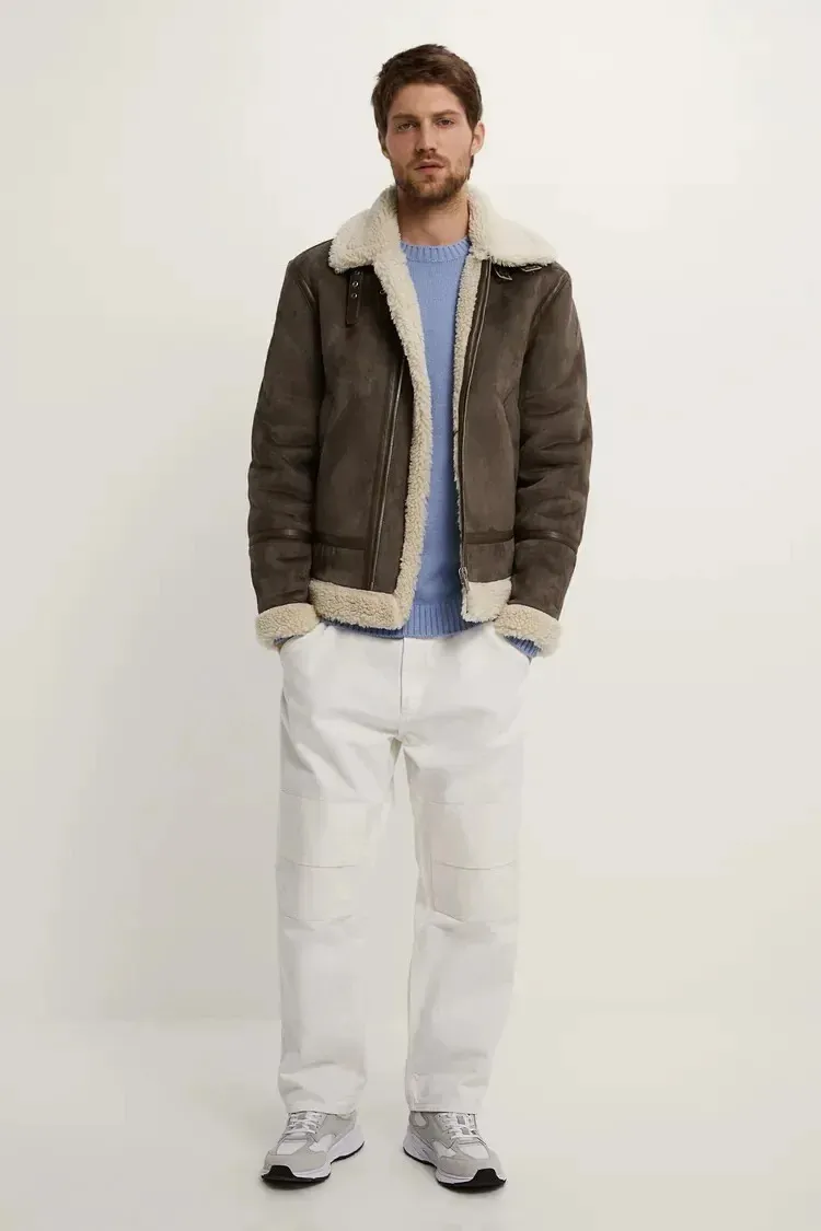 Mens Faux Sheepskin Jacket Winter Windproof Lamb Suede Fleece Lined ...