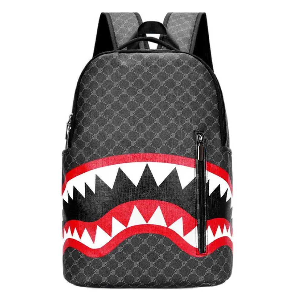 Simple Personality Fashion Shark Mouth Men's Backpack Plaid High School ...