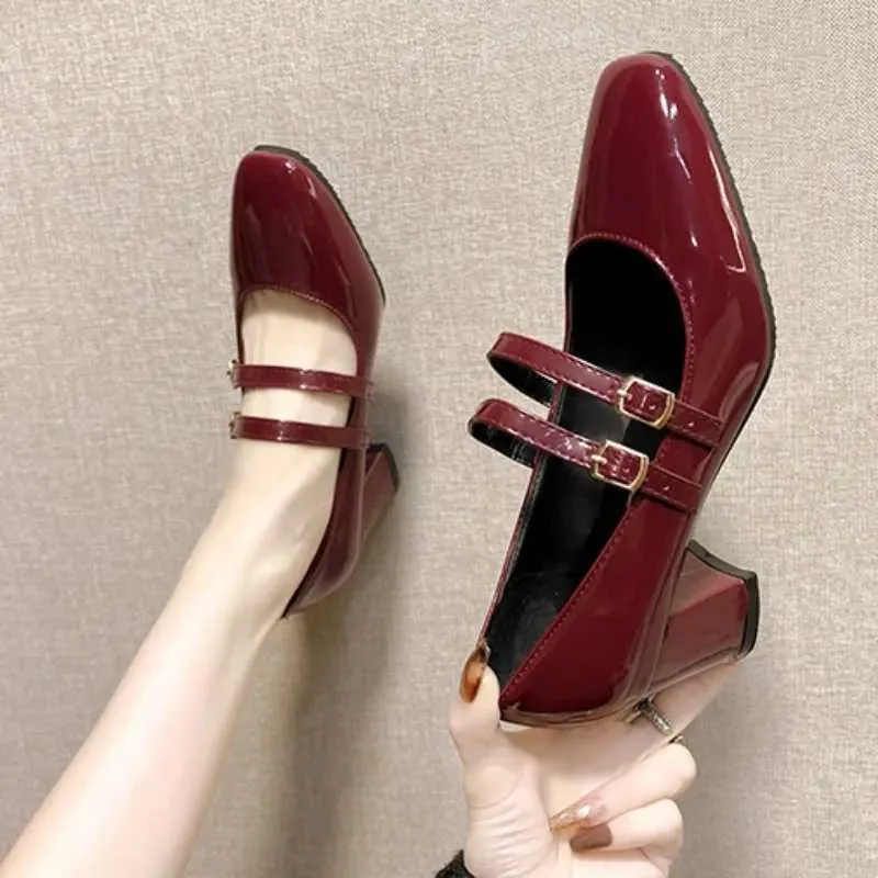 2024 Summer New Fashion Red Patent Leather Mary Jane Square Mary Jane ...