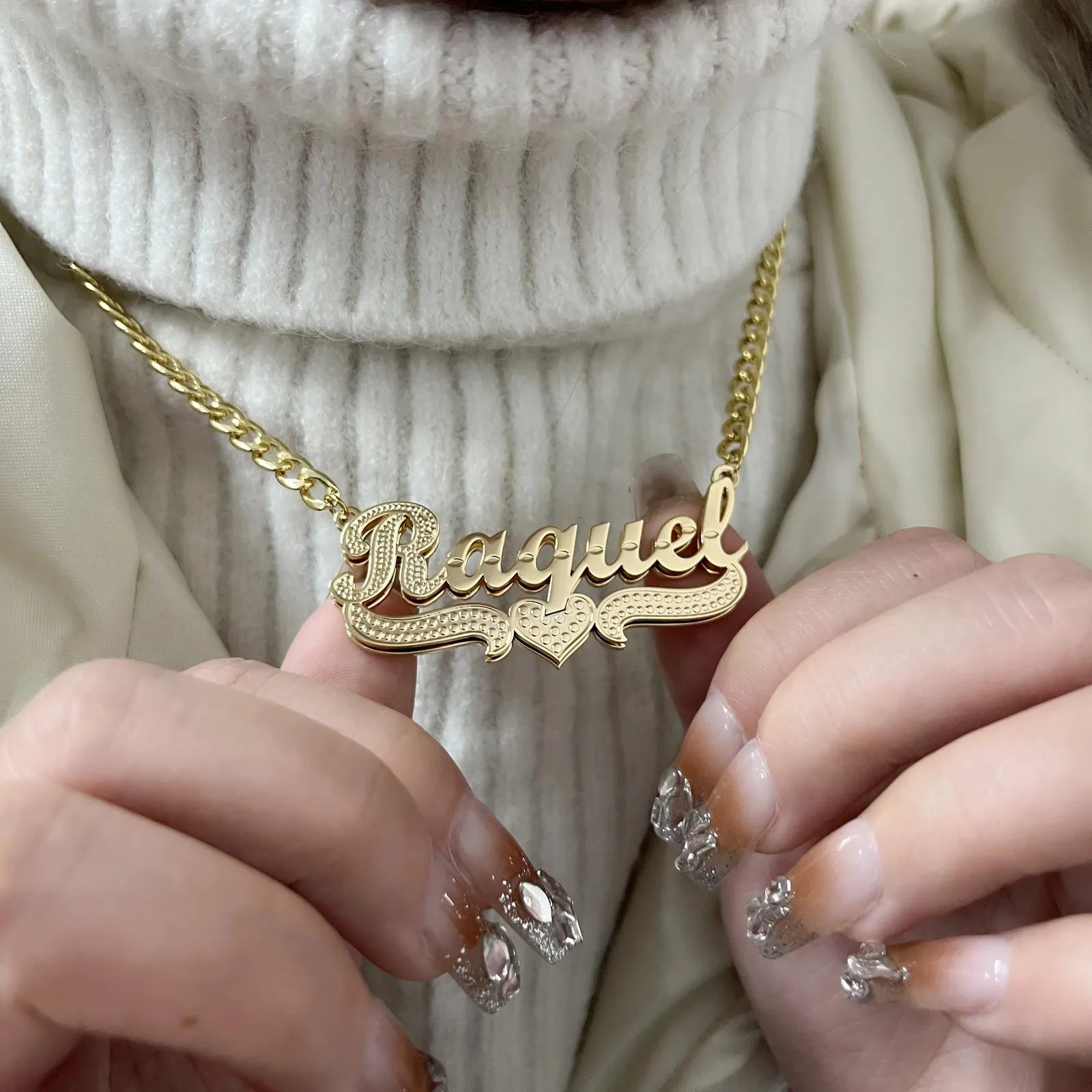 Custom Double Nameplate Necklace Personalized Double Layer Heart ...