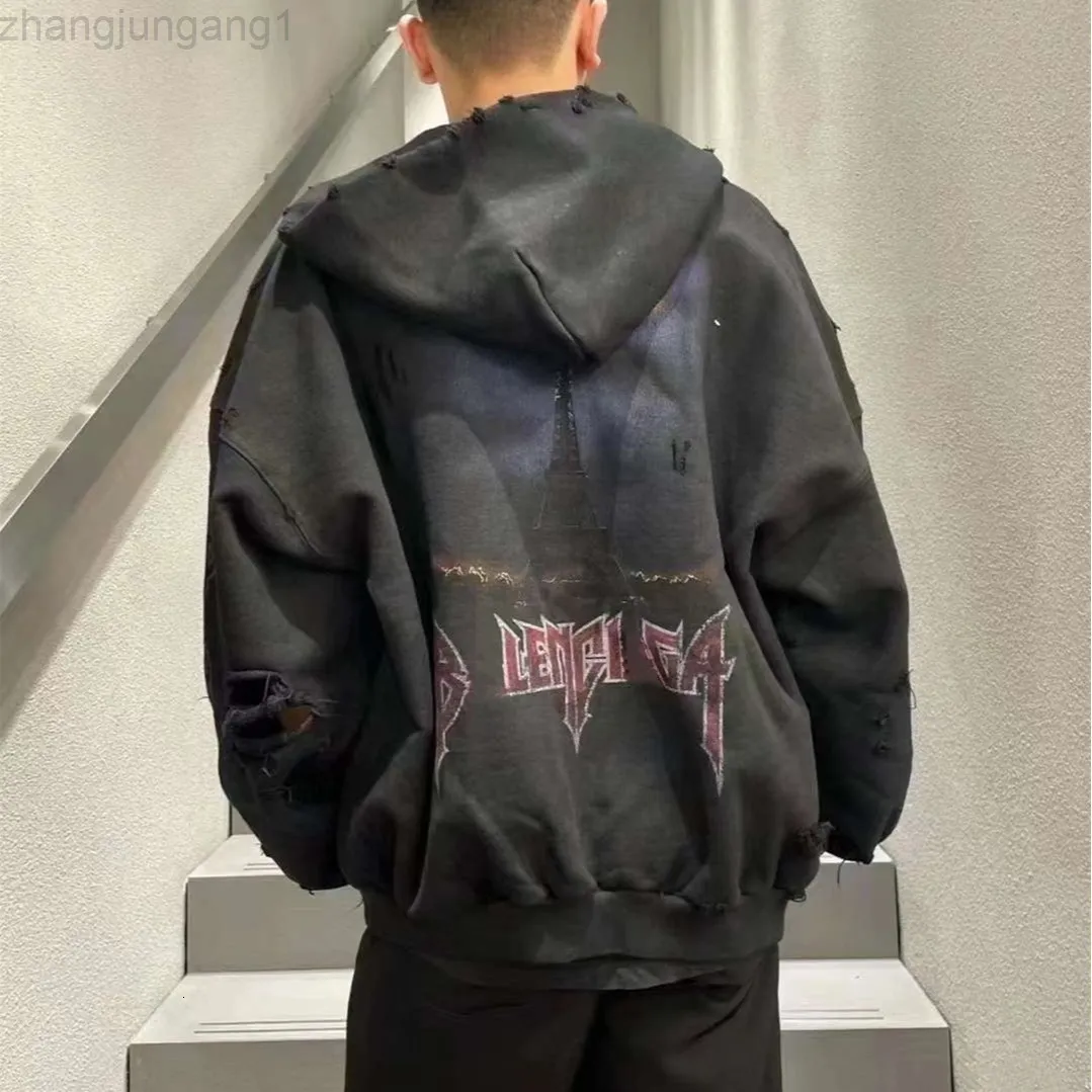 Paris B Tower Sanskrit Letters Damaged Hooded Unif Cardigan With Dirty ...