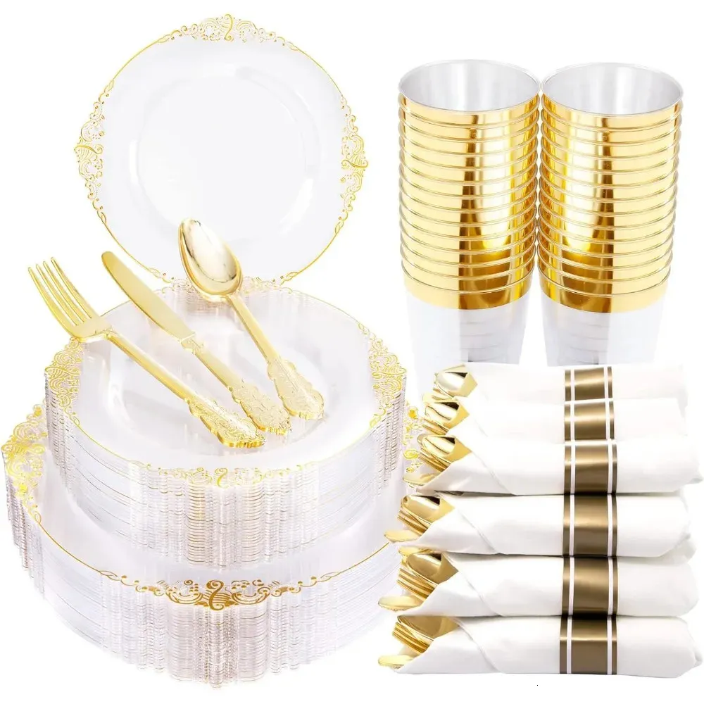 350-Piece Elegant Gold Plastic Plates Set - Disposable Wedding ...