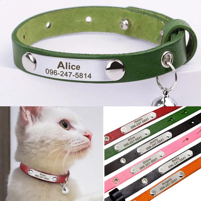 Personalized Cat Collar with Engraved ID Tag - Adjustable Leather for ...