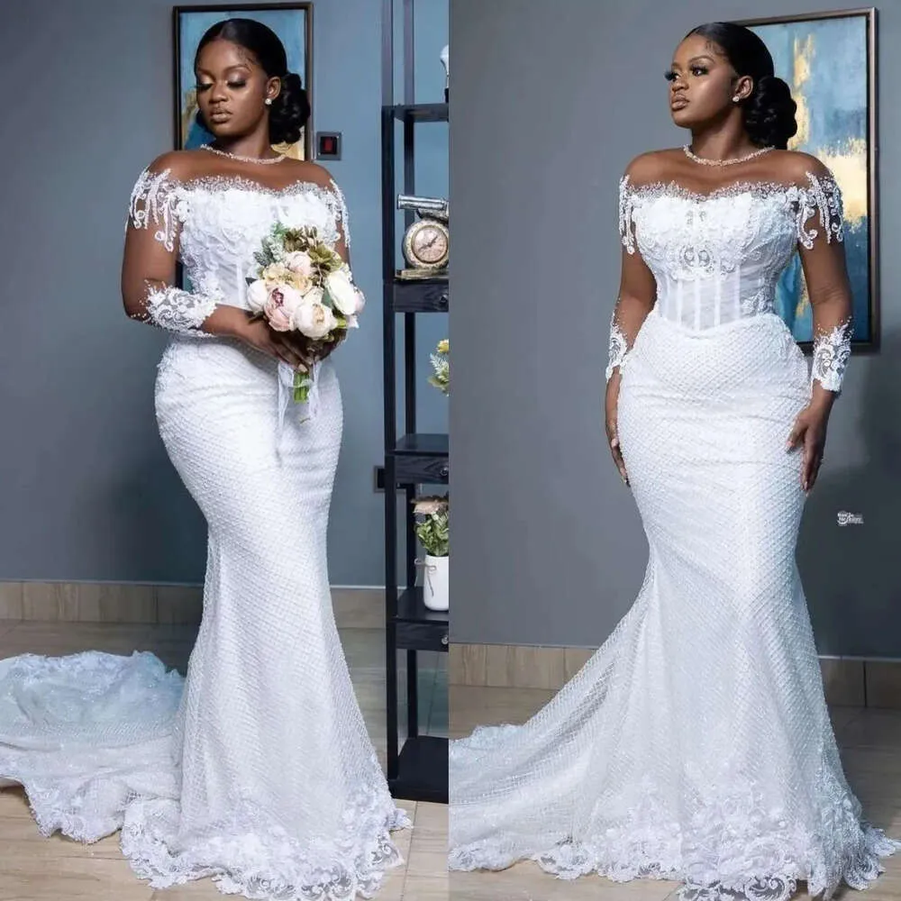 Elegant Sheer Sleeve Lace Mermaid Bridal Dress White Country Style ...