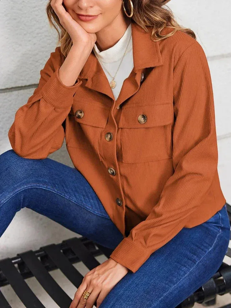 Corduroy Collar Women's Jacket with Bra Pocket, Elegant Button Down ...