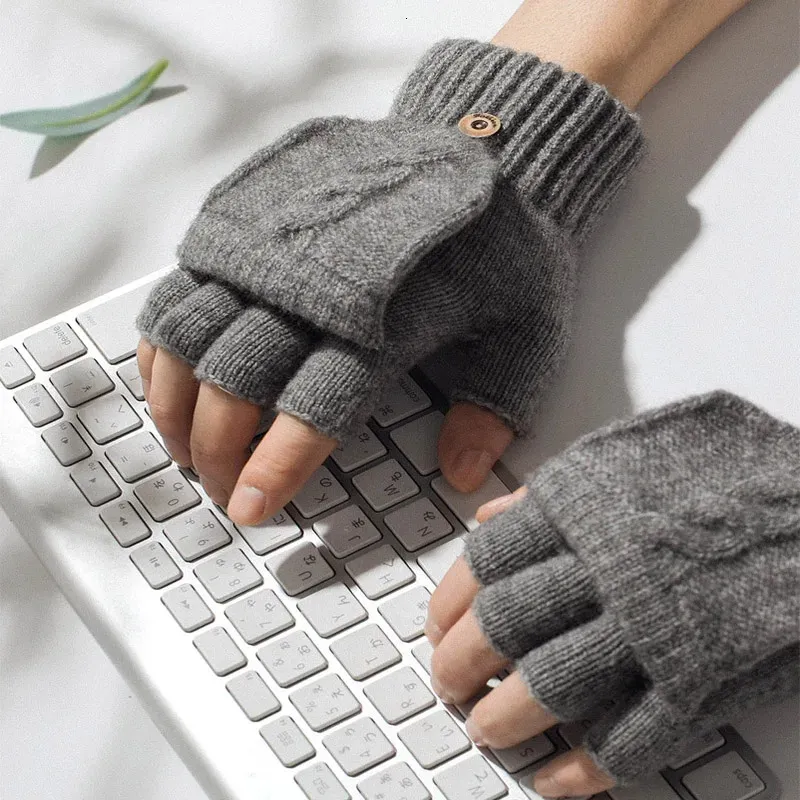 Warm Wool Fingerless Winter Mittens - Convertible Flip Top Gloves ...