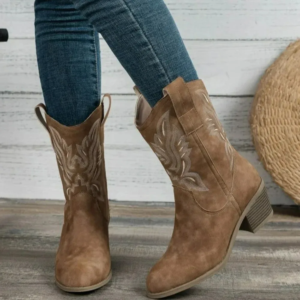 Embroidered Western Cowboy Boots for Women Autumn Pointed Toe Wedge ...