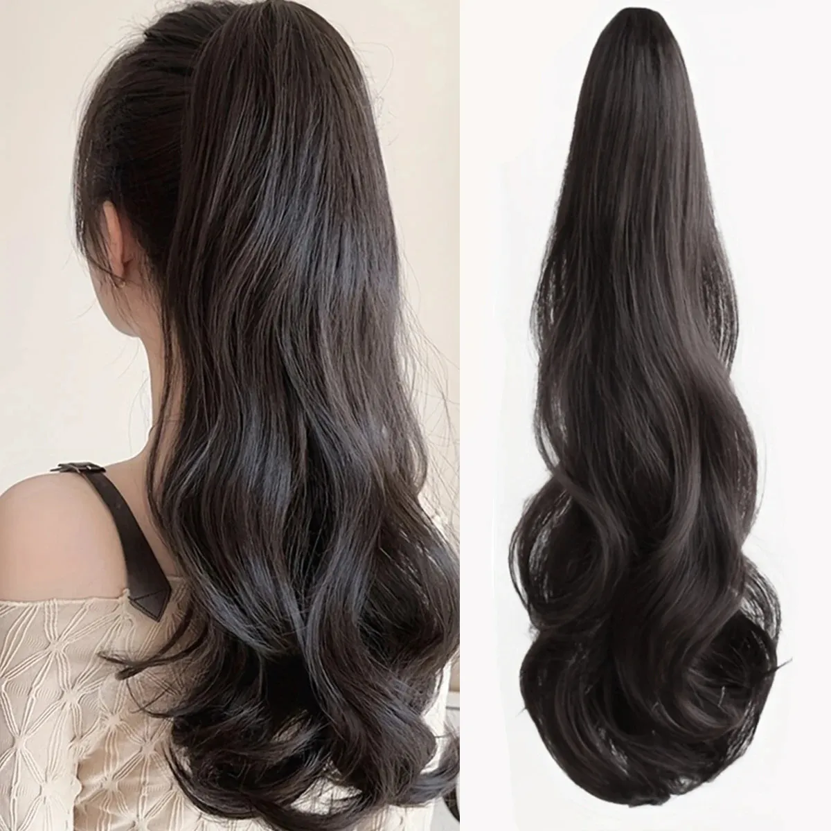 Long Curly Synthetic Wave Grab Clip Ponytail Extension For Women Brown ...