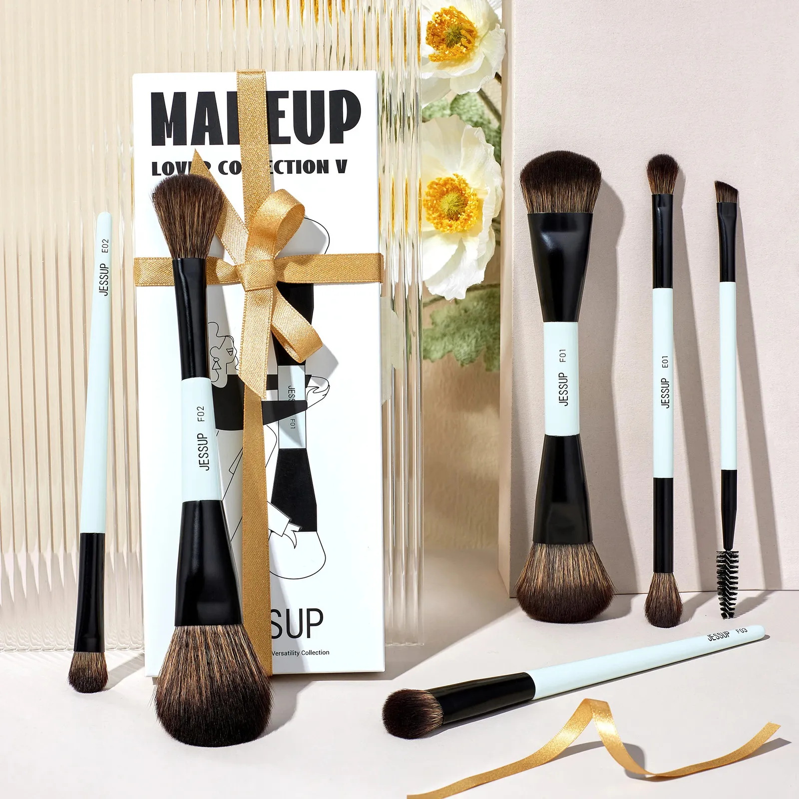 Makeup Brushes Jessup Double Sided Wool Fiber Makeup Brush Set with ...