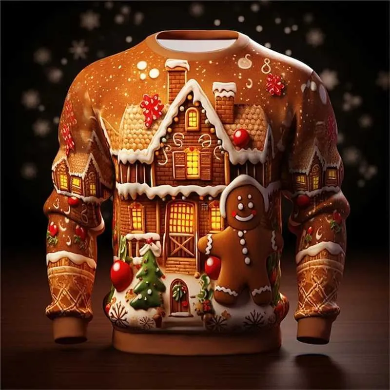 Men's 3D Gingerbread Santa Claus Oversized Christmas Sweater With Merry ...