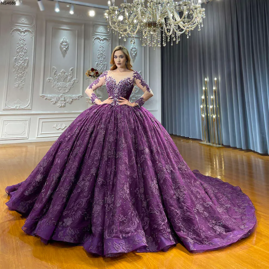 Purple Ball Gown Wedding Dress Elegant Crystal Detailing For Your ...