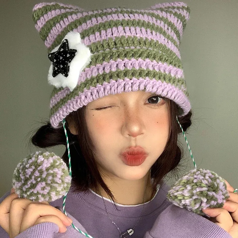 Cute Y2K Star Devil Knit Hat - Autumn Winter Cat Ear Beanie - Striped ...