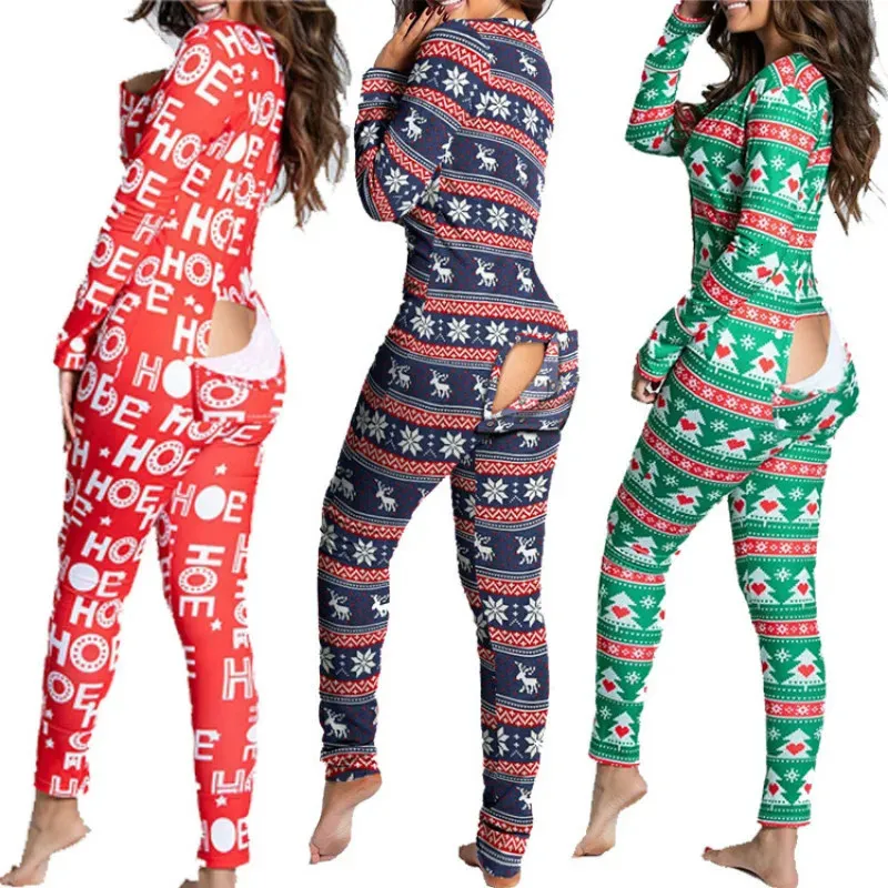 Womens Pajamas Butt Flap Sexy Button Down Loungewear Jumpsuit Christmas ...