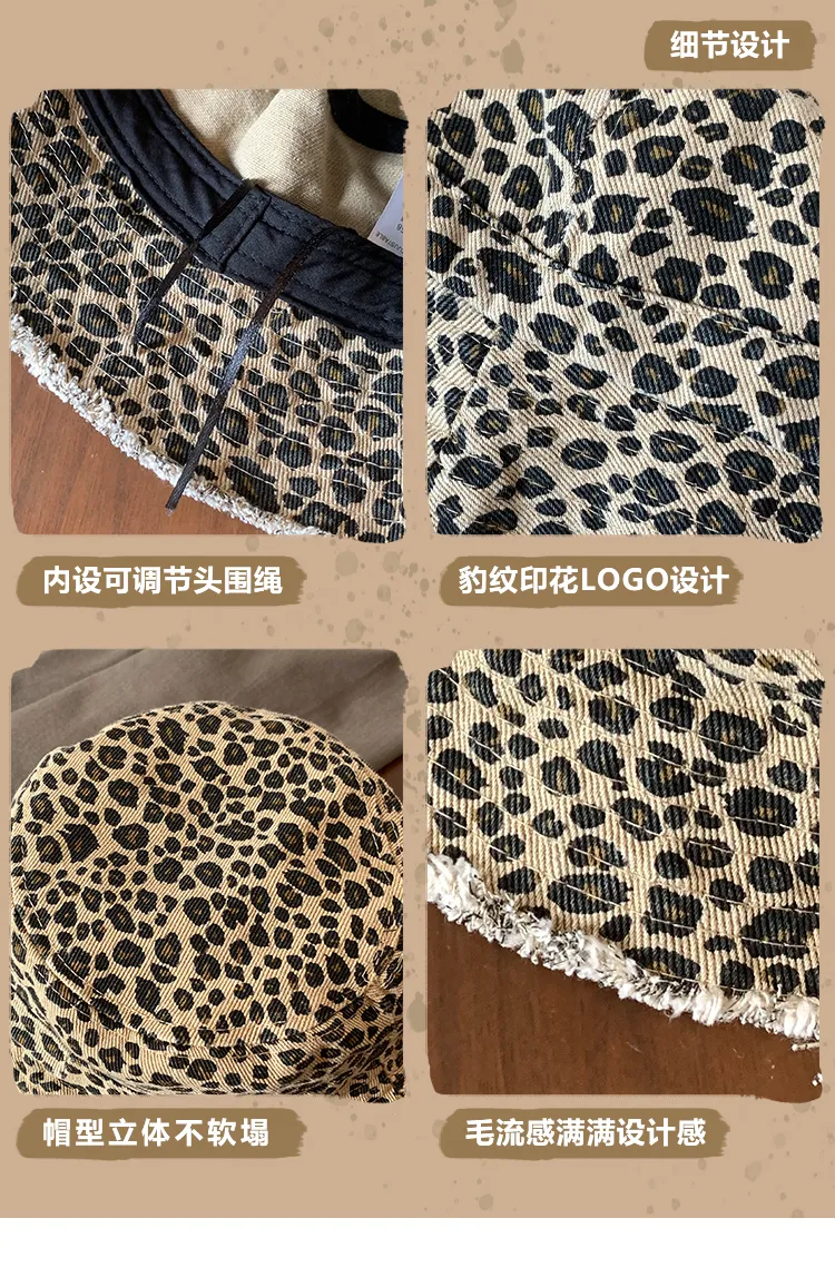 Berets Retro Leopard Print Rough Edge Cotton Bucket Hats Unisex Casual ...
