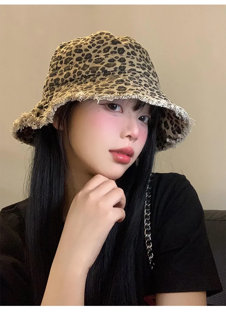 Berets Retro Leopard Print Rough Edge Cotton Bucket Hats Unisex Casual ...