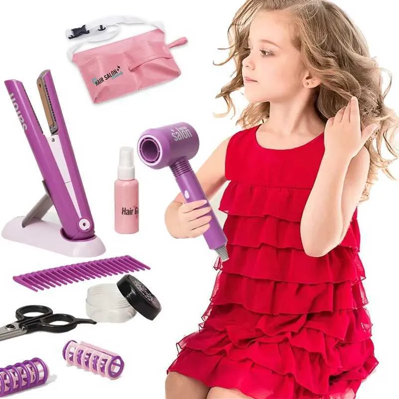 Kids Pretend Play Hair Salon Set with Hair Dryer, Curling Iron, Makeup ...