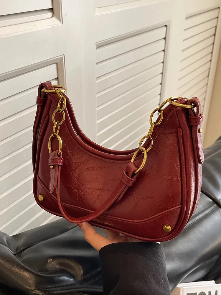 Women's Wine Red Underarm Bag - PU Leather Crossbody with Chain Strap ...