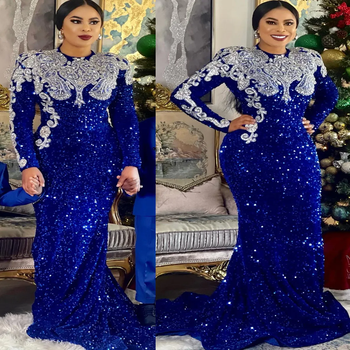 Royal Blue Muslim Mermaid Blue Sparkly Prom Dress With Lace And Beading ...