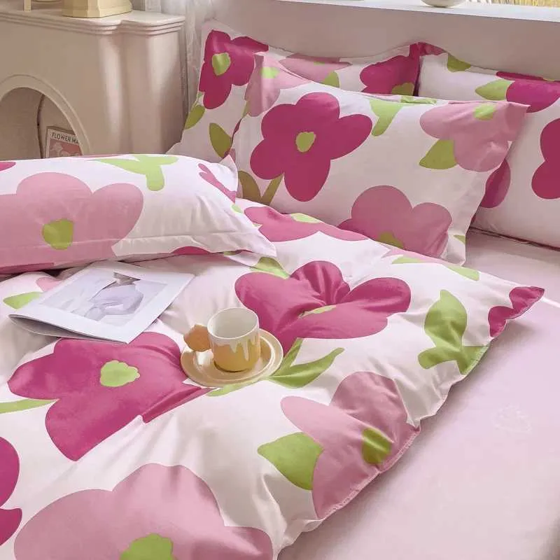 Korean Strawberry Cat Bedding Set - Twin/Full/Queen Size - Floral Duvet ...