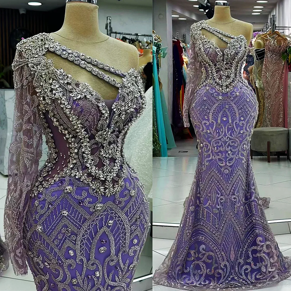 2024 Aso Ebi Mermaid Prom Dresses One Shoulder Lavender Sequined ...