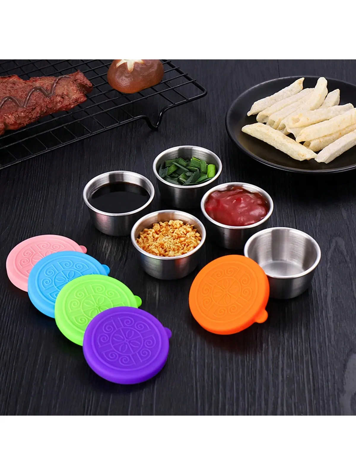 5 Pack Stainless Steel Dip Cups with Lids - Portion Control for Sauces ...