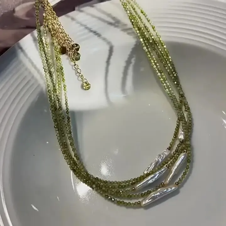 Elegant 2mm Pearl Necklace: Gold Plated Copper & Green Stone Accent ...