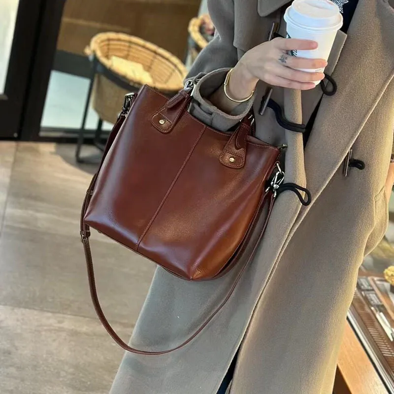 2024 Retro Vegetable Tanned Skin Bucket Tote Green Coffee All Match ...