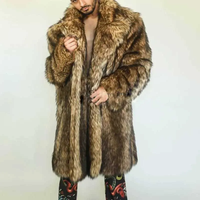 Bontjas Mens Faux Fox Fur Coat Thick Long Sleeve Black Maxi Jacket Warm ...