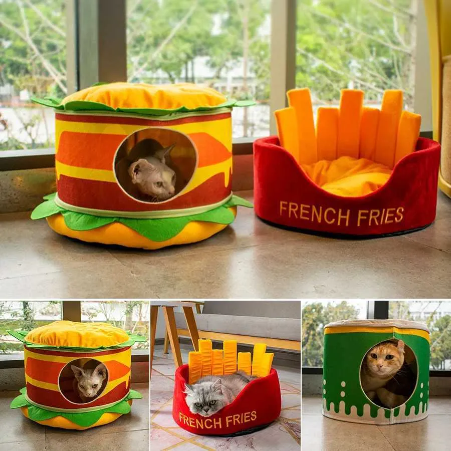 Cozy Burger & Fries Cat Bed - Indoor Pet Nest with Hole for Kittens ...