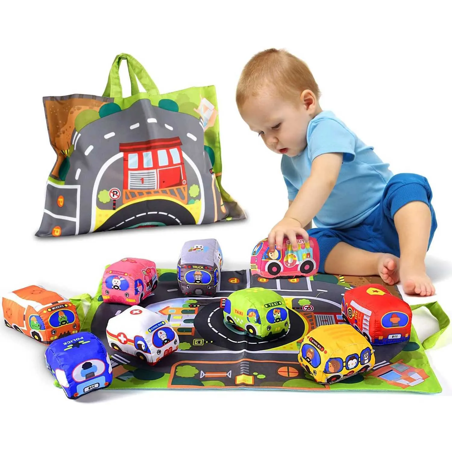Montessori Soft Car Toy Set - Interactive Baby Toys with Game Mat ...